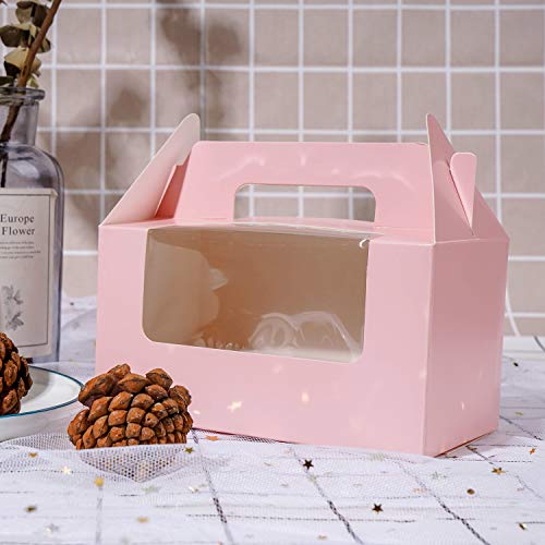 EUSOAR Cupcake Containers with Holders, 50pcs 6.3" x 3.5" x 3.0" Cupcake Carrier with Window Insert and Handle, Bakery Wrapping Party Favor Packing Togo Take-Out Cupcake Muffin Carry Boxes Container