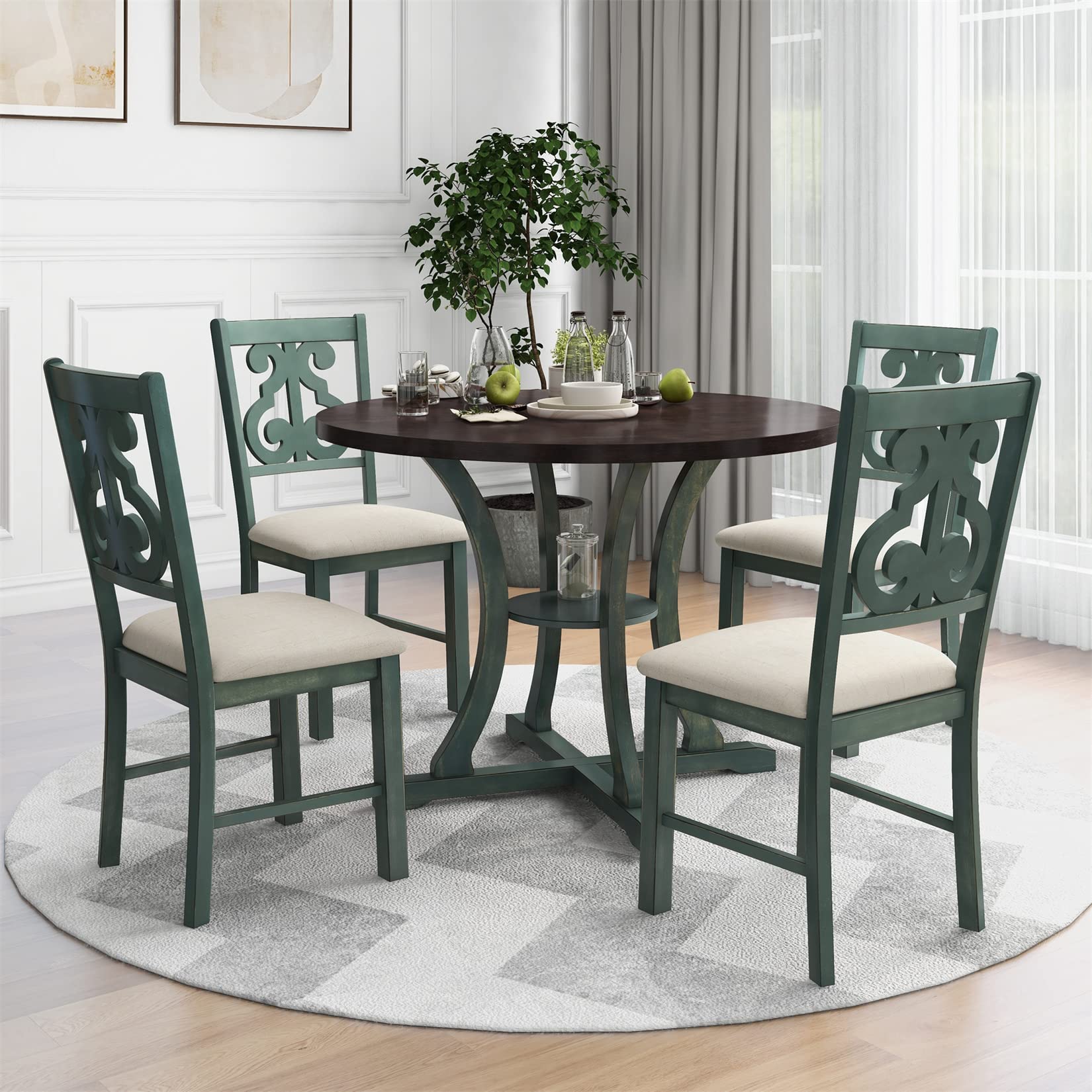 Bellemave 5 Piece Dining Table and Chair Set, Wood Rectangular Table with 4 Linen Fabric Chairs, Wood Kitchen Dining Set for 4 Persons, (Gray & Linen Fabric)