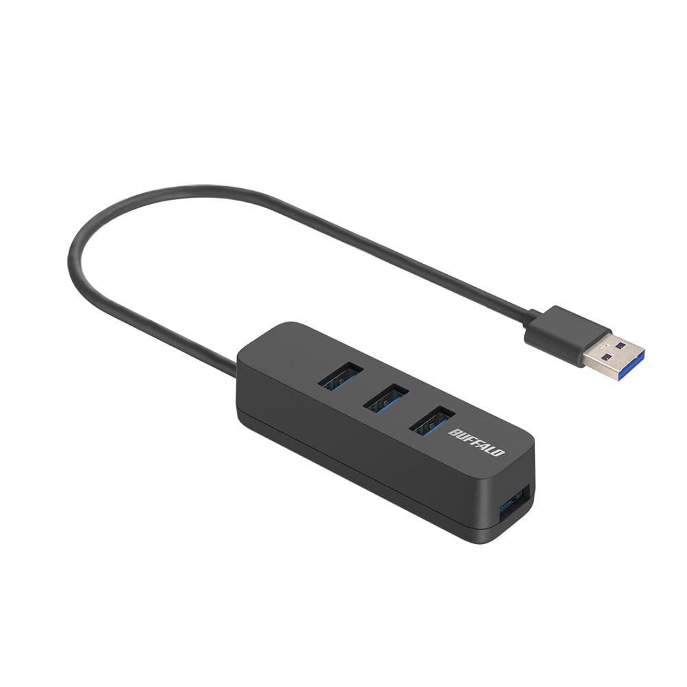 Buffalo BSH4U325U3BK USB-A 3.2 Gen1 Bus Power 4-Port Hub, Black, Top Plug Model, Magnetic, Compatible with Windows and Mac