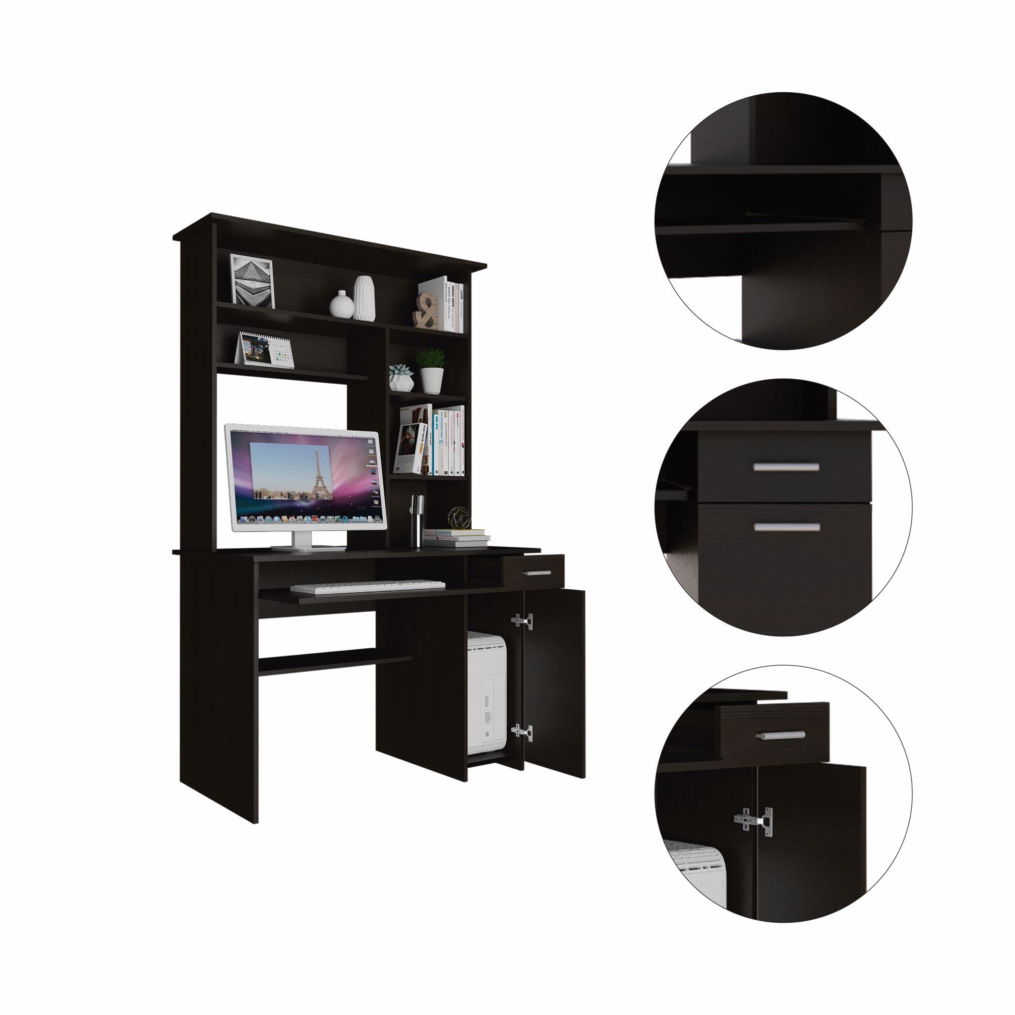 Bellemave Computer Desk with Hutch and Keyboard Tray, Home Office Desks with Drawers and Storage Shelves, Writing Study Desk Table, Modern Compact Workstation, Black