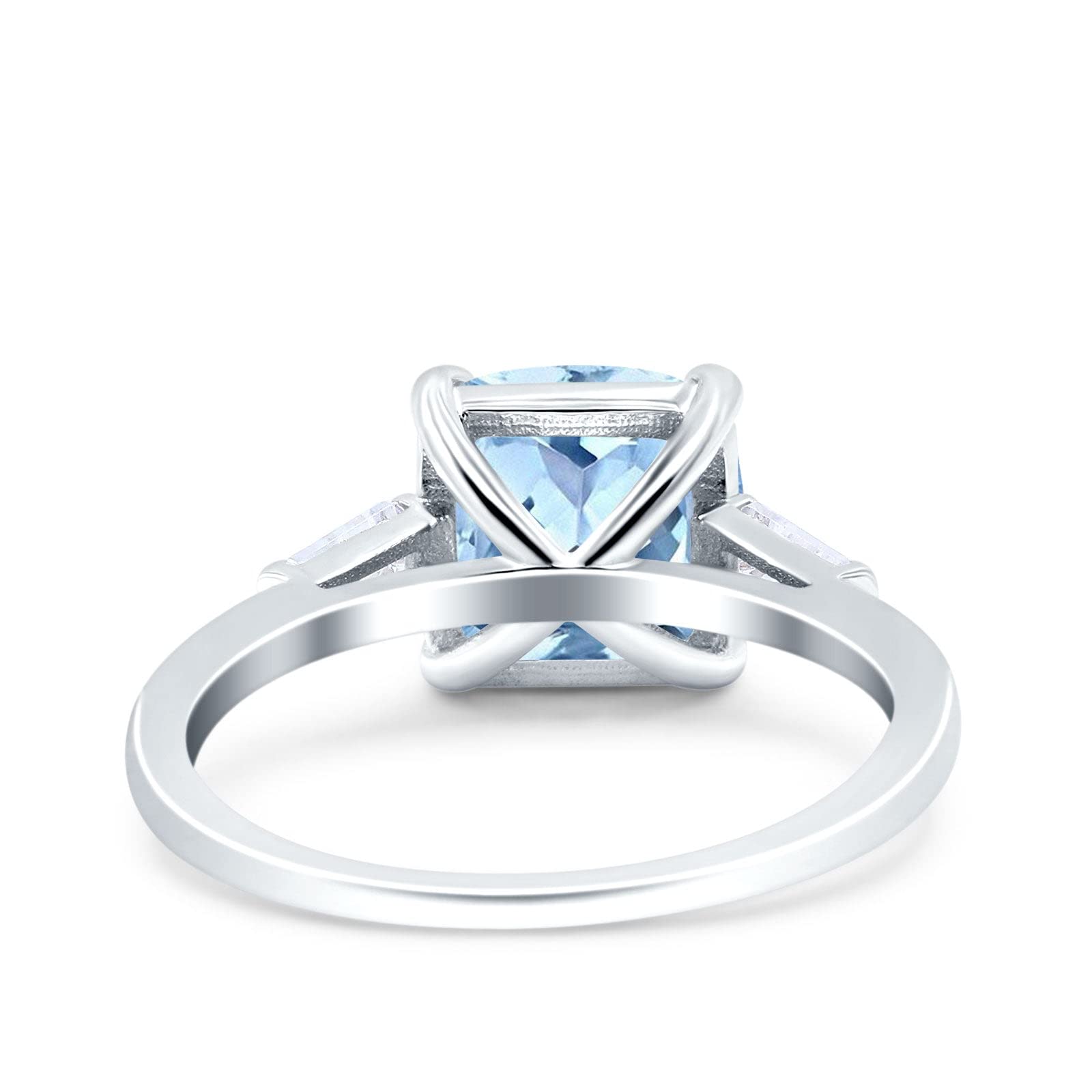 Blue Apple Co. Simulated Aquamarine Cubic Zirconia Size-7 Cushion Cut Art Deco Wedding Bridal Ring Baguette CZ 925 Sterling Silver