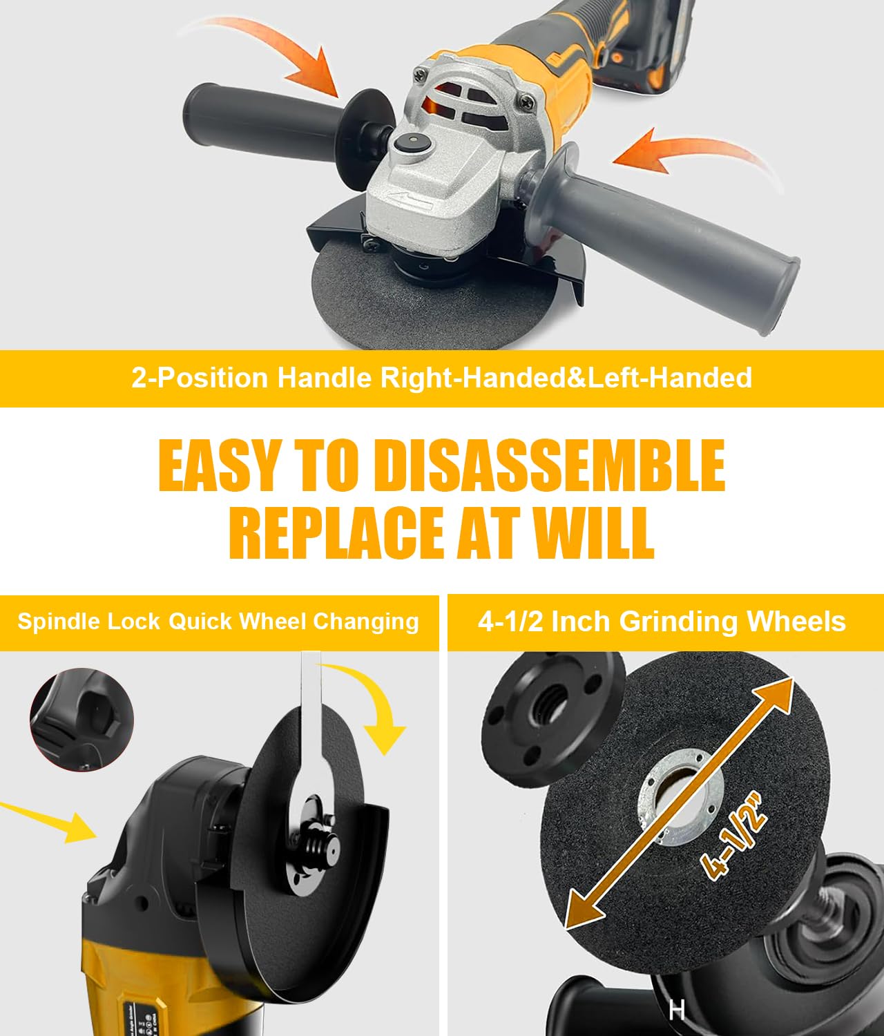 Cordless Angle Grinder for Dewalt 20V Battery, 11000 RPM Electric Brushless Motor, 3 Variable Speeds Grinders 4-1/2" Angle Grinder for Cutting, Griding, Polishing (Tool Only)