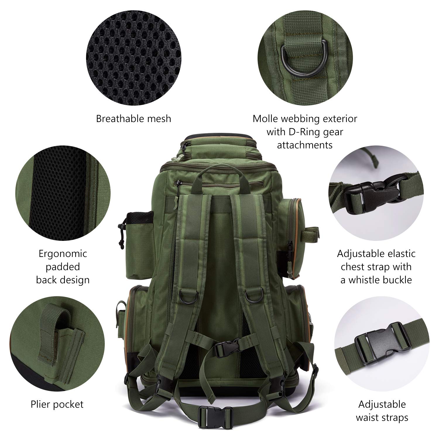 BASSDASH Fishing Tackle Backpack Water Resistant Lightweight Tactical Bag Soft Tackle Box with Rod Holder and Protective Rain Cover
