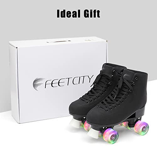 FEETCITY Womens Roller Skates High-Top Double-Row Leather Roller Skates for Girls Boys for Indoor Outdoor Size 9 Black