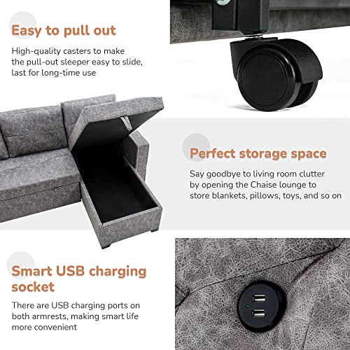 Merax 84" Pull-Out Sleeper Sofa Bed with USB Port,L-Shaped Storage Corner Sofa Bed with Storage Chaise Lounge, 3-Seater Upholstered Sofa Couch with Nail Head Trim