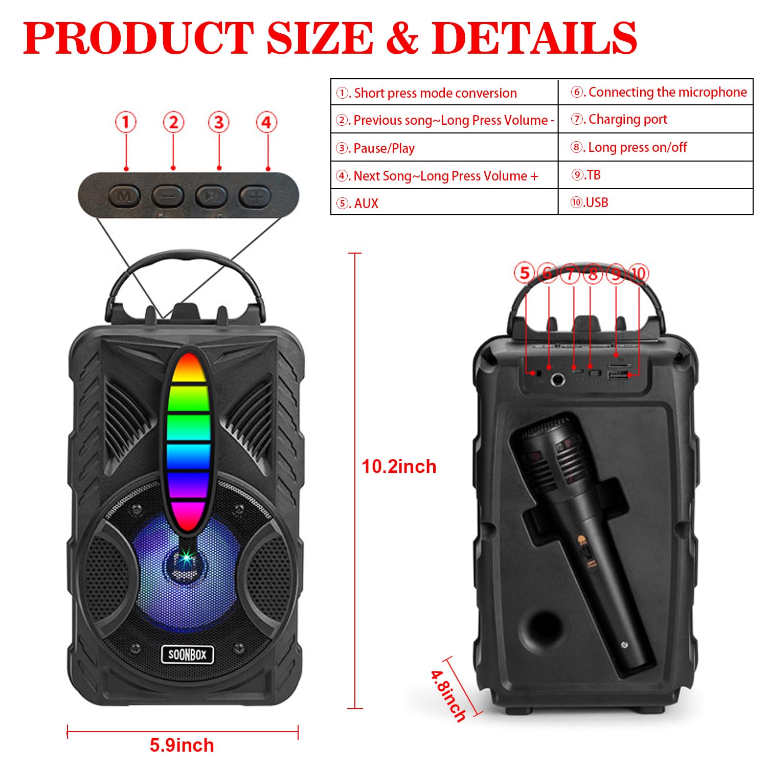 Bluetooth Speaker, IPX5 Waterproof Speaker with HD Sound, RGB Multi-Colors Rhythm Lights, Up to 8H Playtime, TWS Pairing, Portable Wireless Speakers for Home, Outdoor,(Comes with a Microphone)