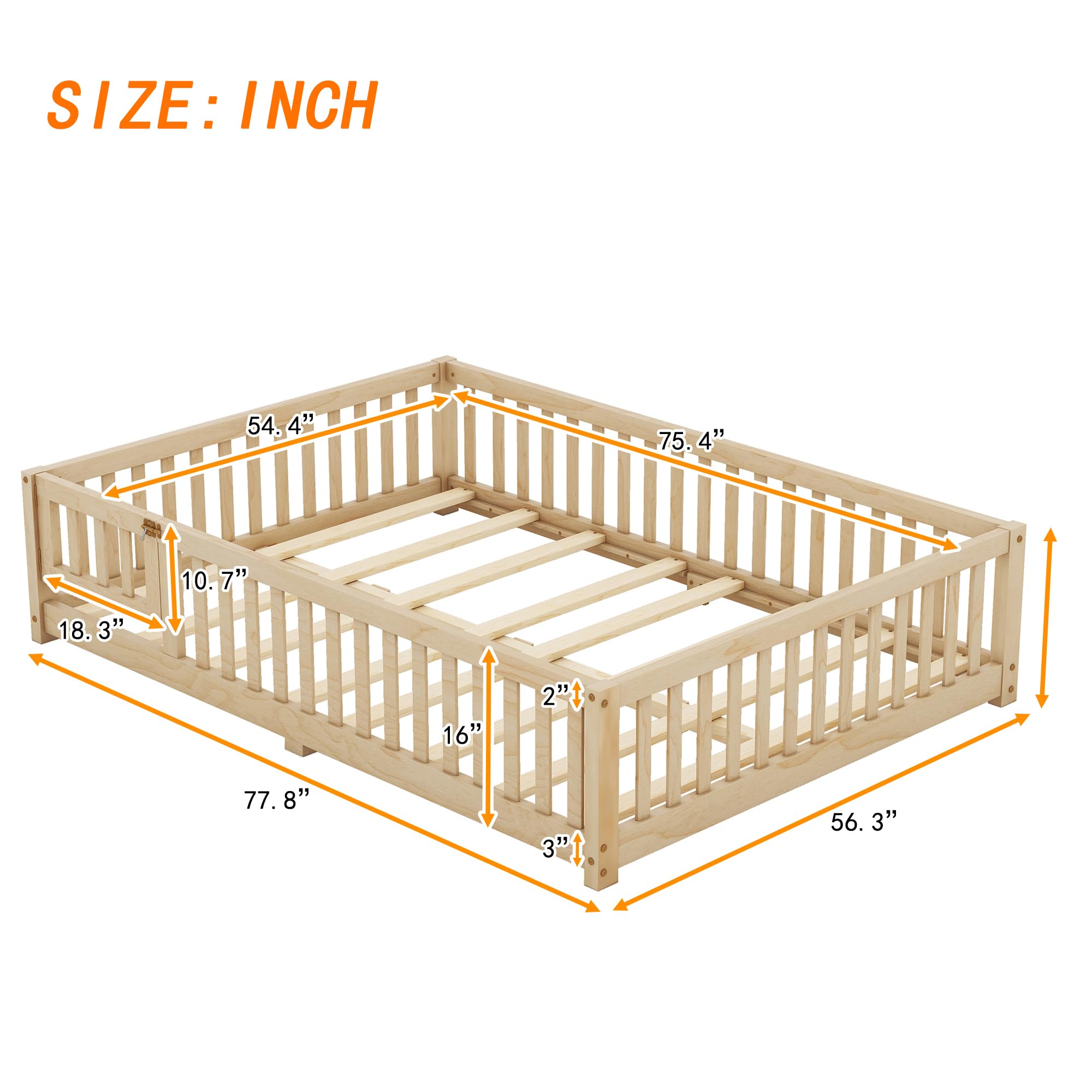 DNYN Full Size Floor Bed for Kids Bedroom,Solid Wood Bedframe w/Door/Safety Guardrails/Wood Slat Support/Easy Assemble/Space Saving Design/No Box Spring Needed, Natural