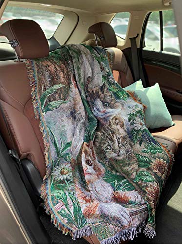 EZ.enjoy Garden Cat Flower Woven Tapestry Throw Blanket with Fringe 50X60 inches