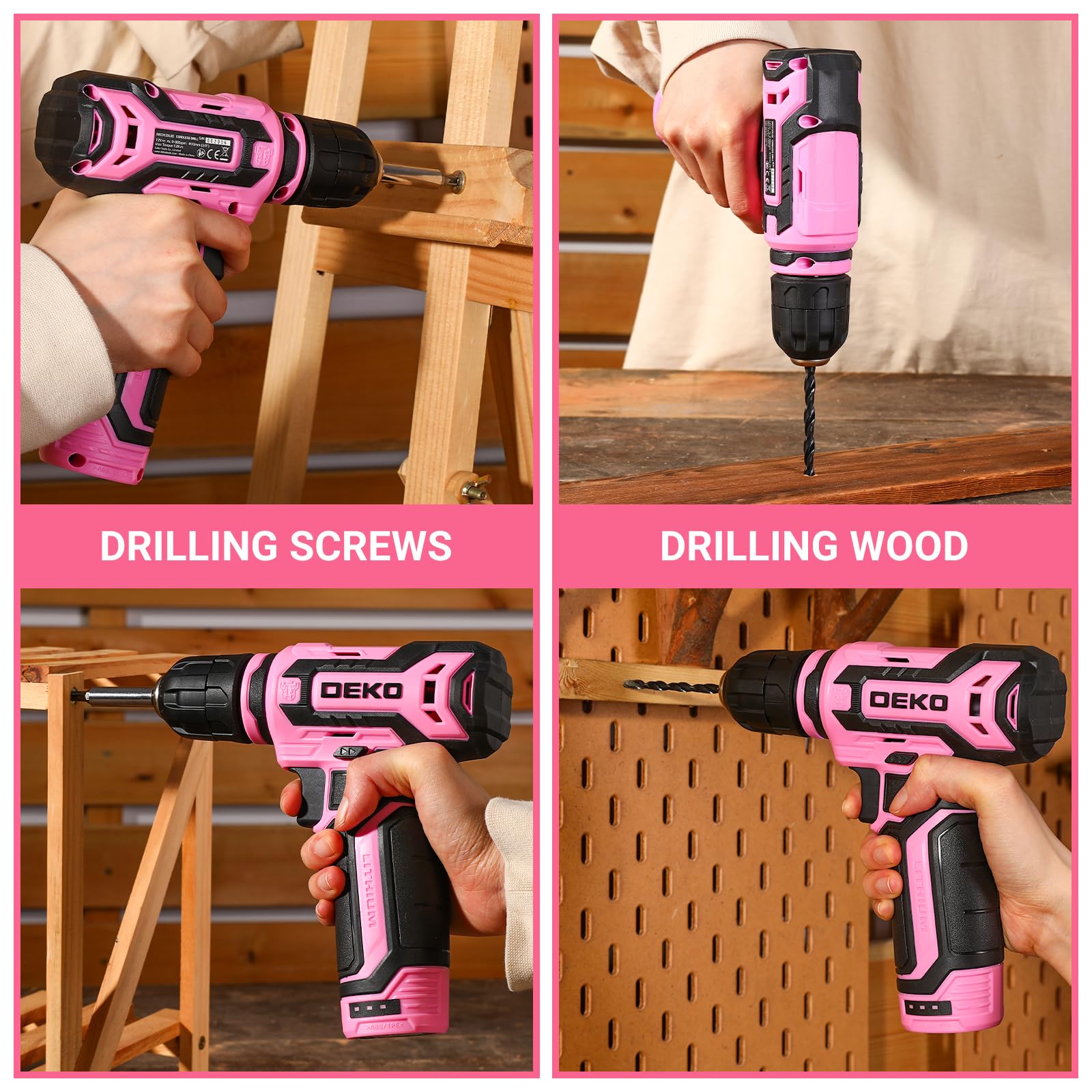 Cordless Drill:DEKOPRO 12V Power Drill Set with Pink Electric Drill with Tool Set Gift Box, Pink Drill Set for Women