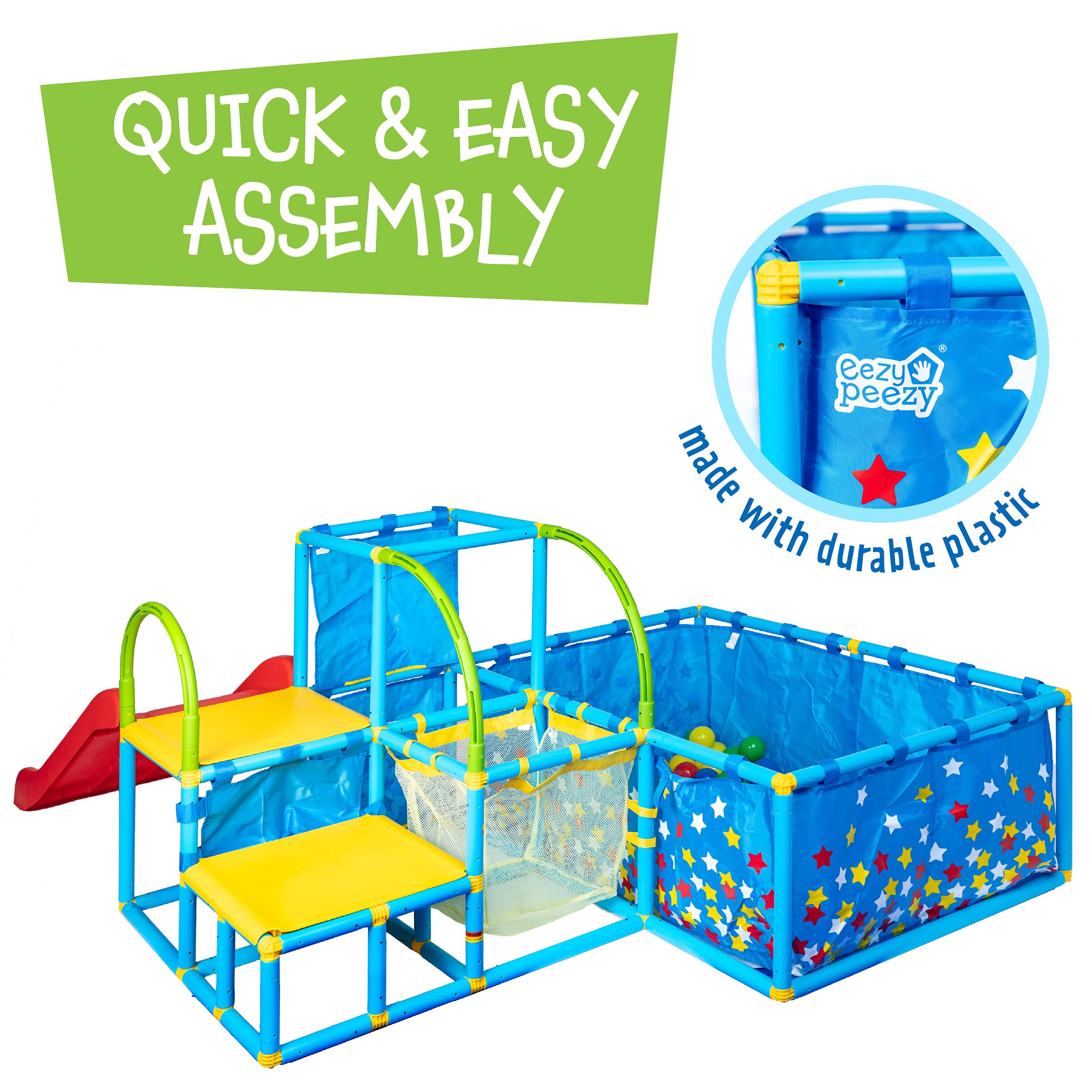 Eezy Peezy Active Play 3 in 1 Jungle Gym PlaySet β Includes Slide, Ball Pit, & Toss Target with 50 Colorful Balls