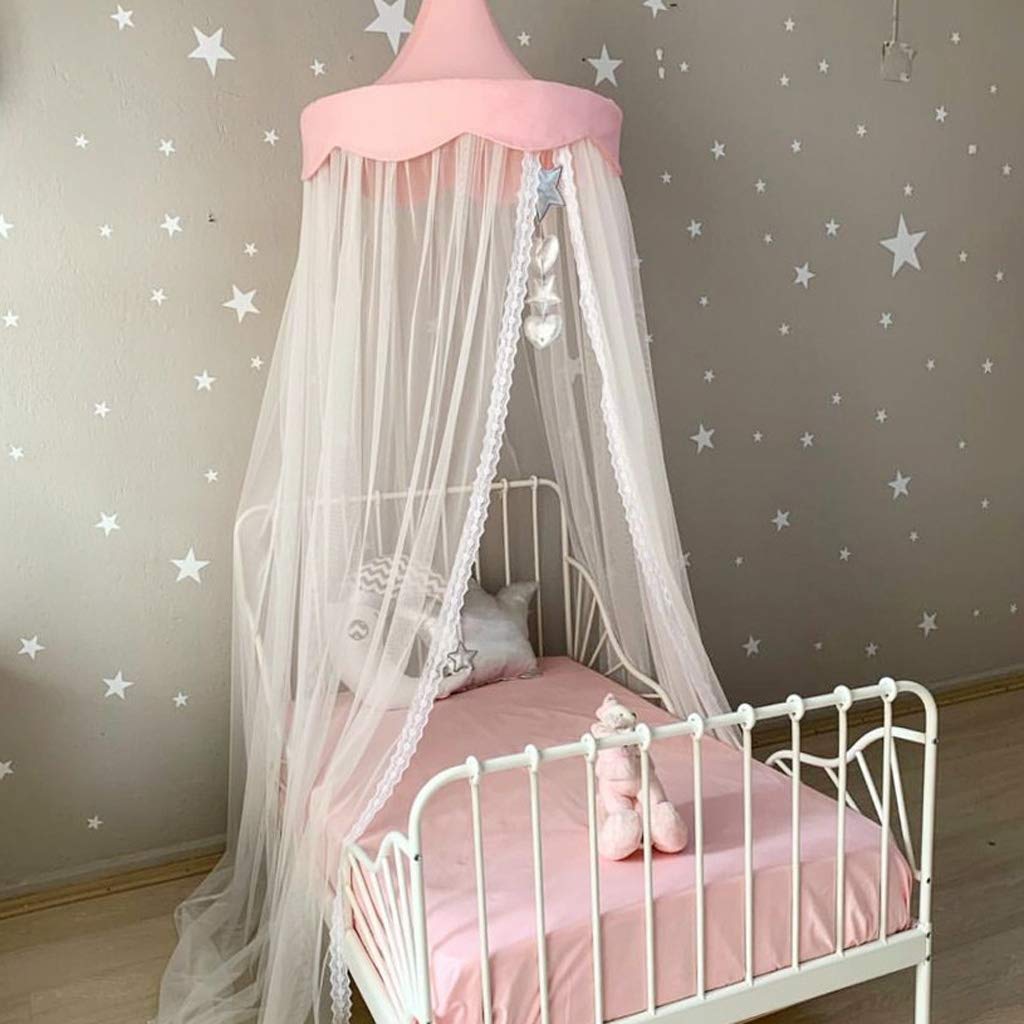 Bed Canopy Princess Crib Netting Lace Round Dome Mosquito Net Hanging Canopy for Baby Room Nersury Decoration Game House Tent, Pink
