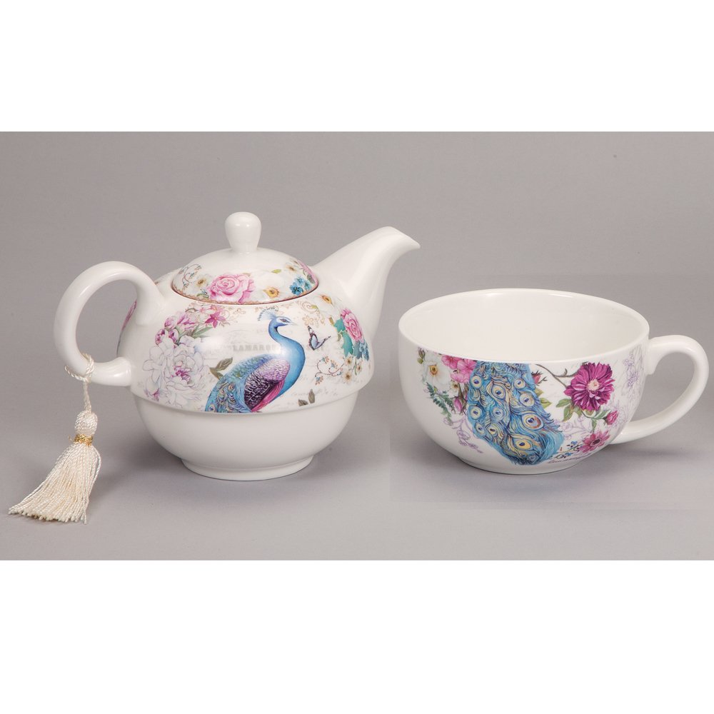 Bits and Pieces - Tea For One Peacock Porcelain Teapot and Cup Set - Elegant Peacock Design With Delicate Tassel on Teapot Handle Makes Great Decoration - Includes Decorative Gift Box