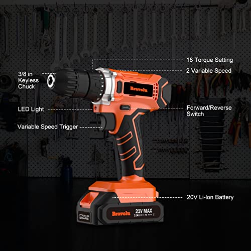 Cordless Drill, Bravolu 21V Cordless Electric Drill Set with 1 x 2Ah Battery, Torque 18 + 2, 310 in-lbs Max, 3/8-Inch Keyless Chuck 1500RPM 2 Variable Speeds and LED light, for Drilling Wood and Metal