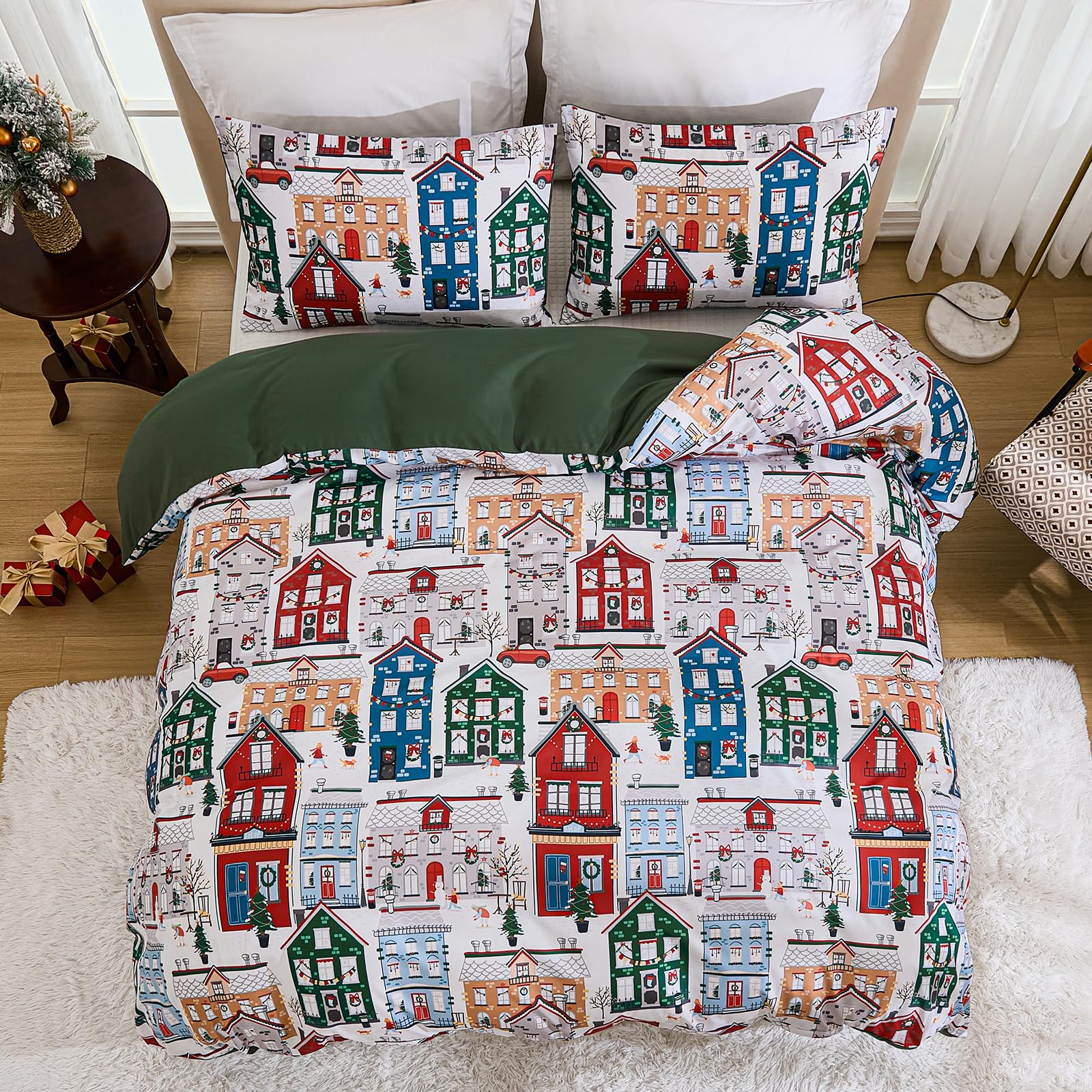 Dobuyly White Christmas Duvet Cover Queen, Blue Red Christmas Tree Pattern Duvet Cover Set, Soft Microfiber Pine Christmas Bedding Set Queen Size Includes 1 Duvet Cover and 2 Pillow Shams