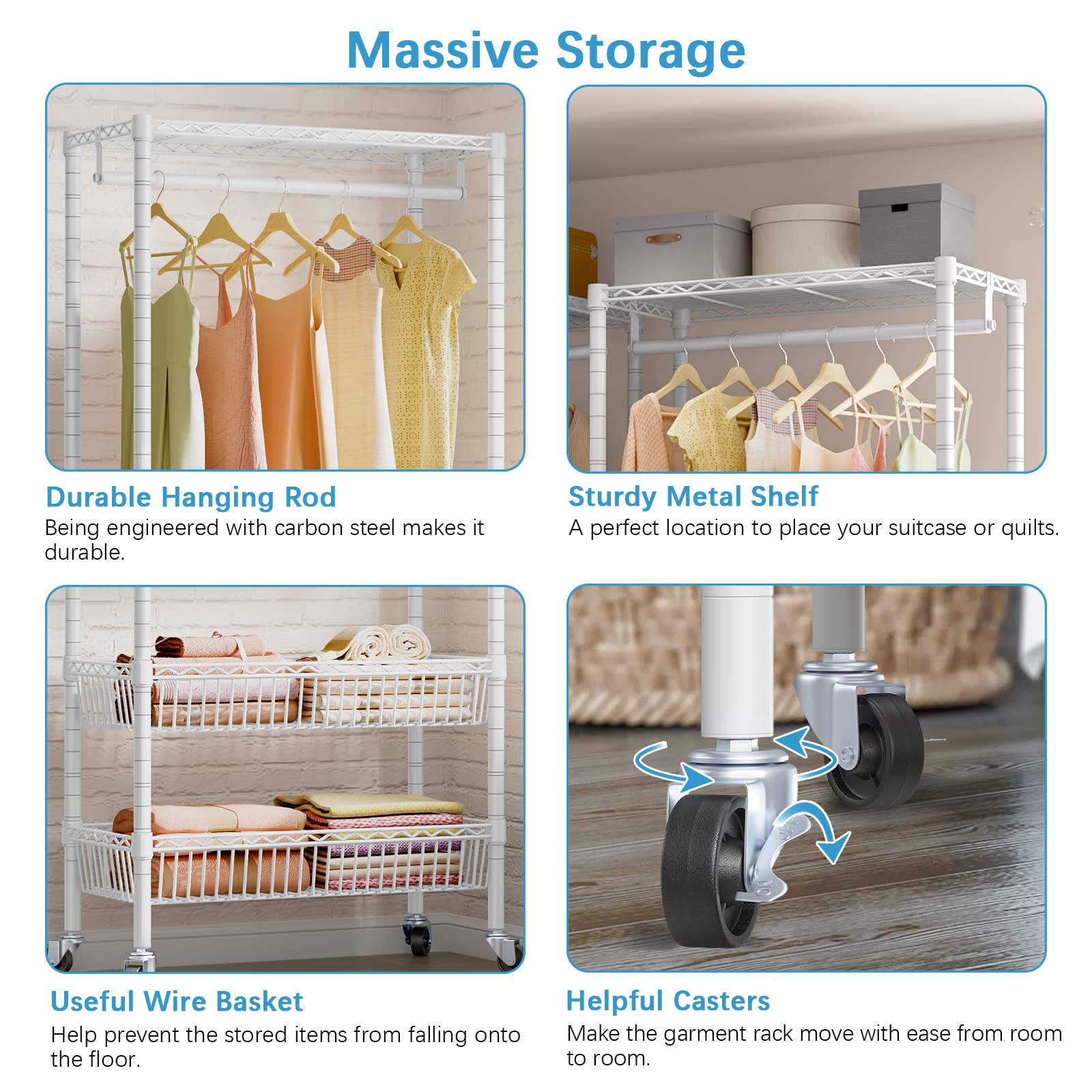 VIPEK R2 Rolling Garment Rack Heavy Duty Clothes Rack for Hanging Clothes Adjustable Wire Clothing Rack with Hanging Rack, Freestanding Portable Closet on Wheel with Basket Metal Closet Storage, White