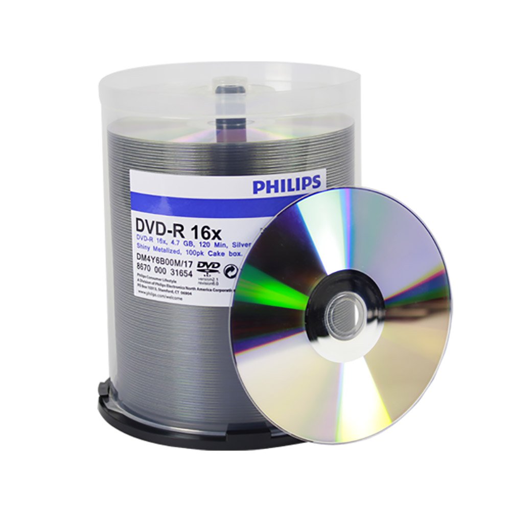 Philips Duplicator Grade 4.7 GB DVD-R 16X Silver Shiny Printable to Metalized Hub (100PK Spindle)