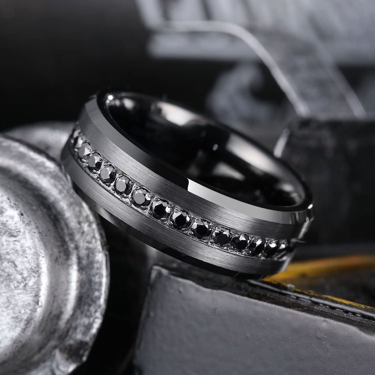 King Will Mens 8mm Black Men Women Tungsten Carbied Rings Wedding Bands Cubic Zirconia Eternity Ring CZ Inlaid Black 9