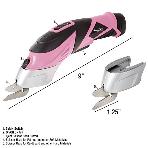 Cordless Electric Scissors with Two Blades β Fabric, Leather, Carpet and Cardboard Cutter β 3.6V Lithium-Ion Rechargeable Battery by Stalwart (Pink)