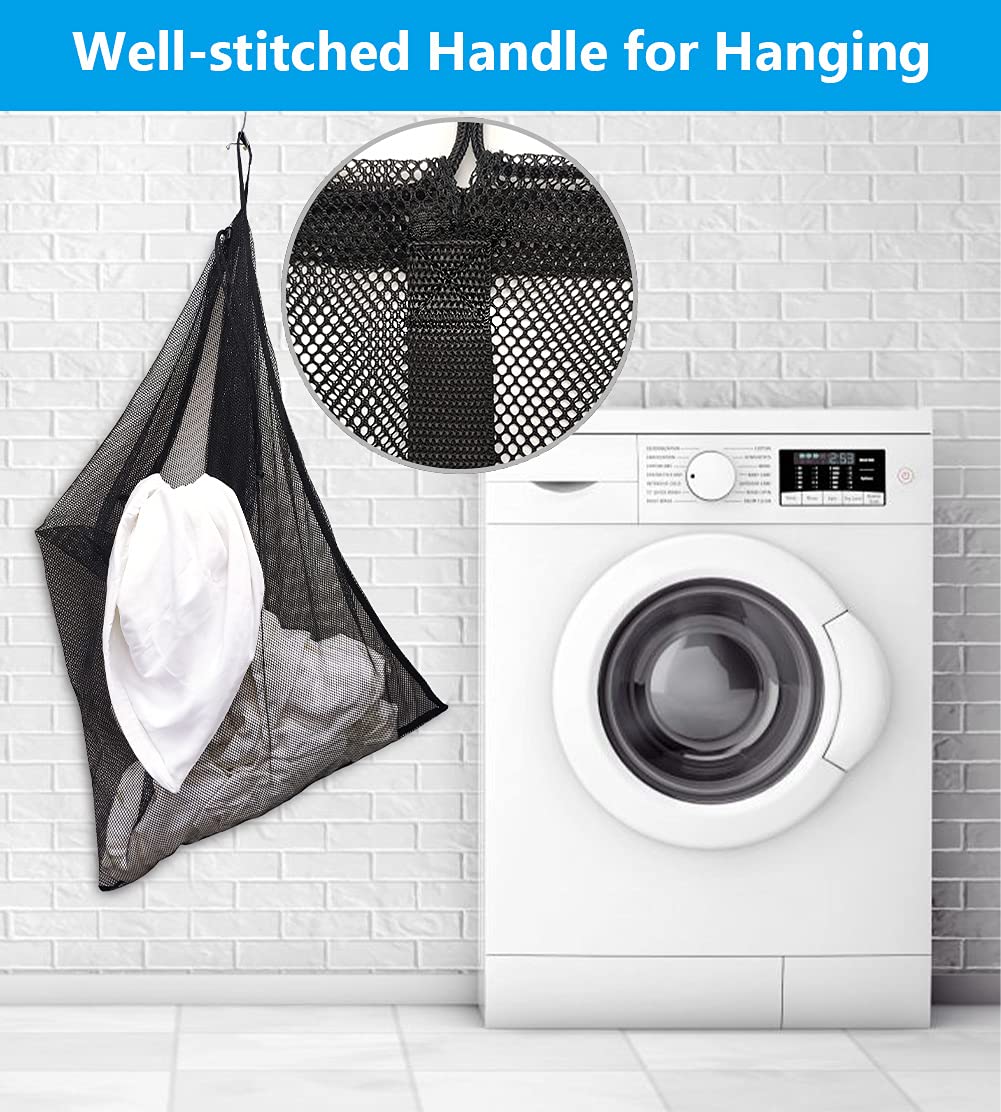 Large Mesh Laundry Bag with Straps and Zipper Pockets, Heavy Duty Mesh Drawstring Bag Foldable, Factories, College, Dorm, Travel and Apartment (24" x 36" | Black)