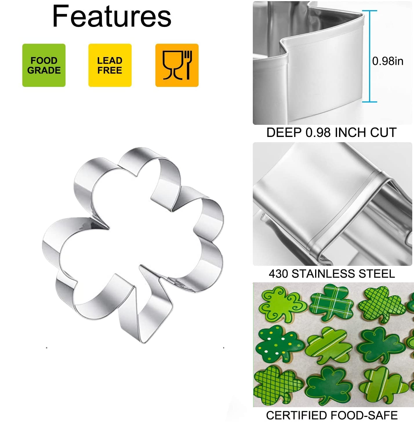 Clover Cookie Cutter Set, 4-Piece Patrick's Day Shamrock Cookie Cutter Set, Irish Holiday Party Supplies4'', 3.2'', 1.85'', 1.3''