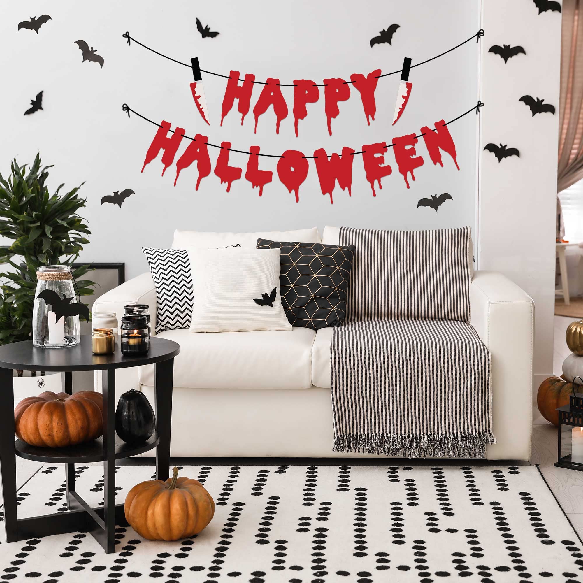 Pre-Strung Happy Halloween Banner,NO DIY,Pre-Strung Garland on 8 ft Strand,Scary Killer Halloween Party Decorations & Decor. Did we mention no DIY?