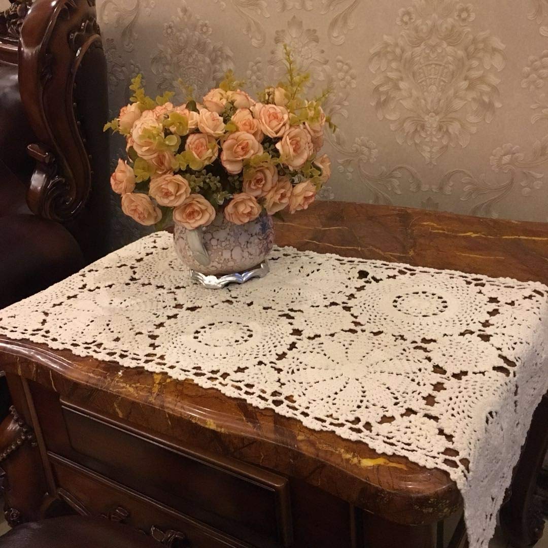 USTIDE 100% Cotton Crochet Lace Rectangular Table Runner Bedside Table Cover Ecru Dresser Scarf Doilies,2pcs 11 Inch X23 Inch