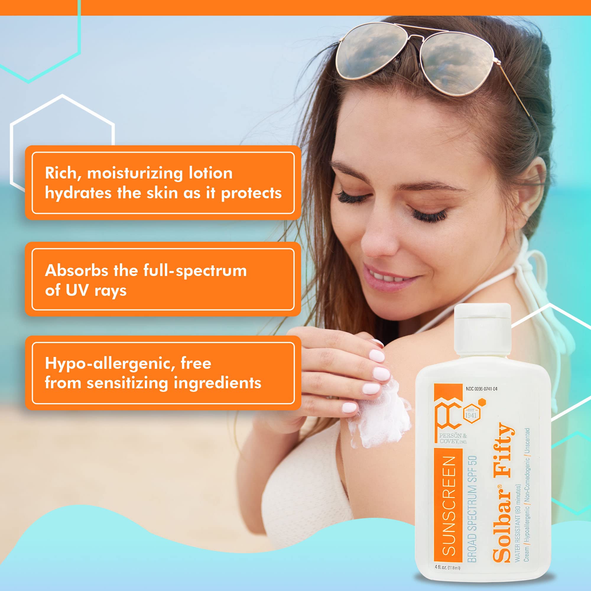 Person & Covey SPF 50 Sunscreen Face & Body Sun Cream - Solbar Fifty Body & Face Sunscreen SPF 50 Broad Spectrum Sunscreen - Water-Resistant Sun Cream, Sun Screen Protector for Face & Body - 4 Fl. Oz.