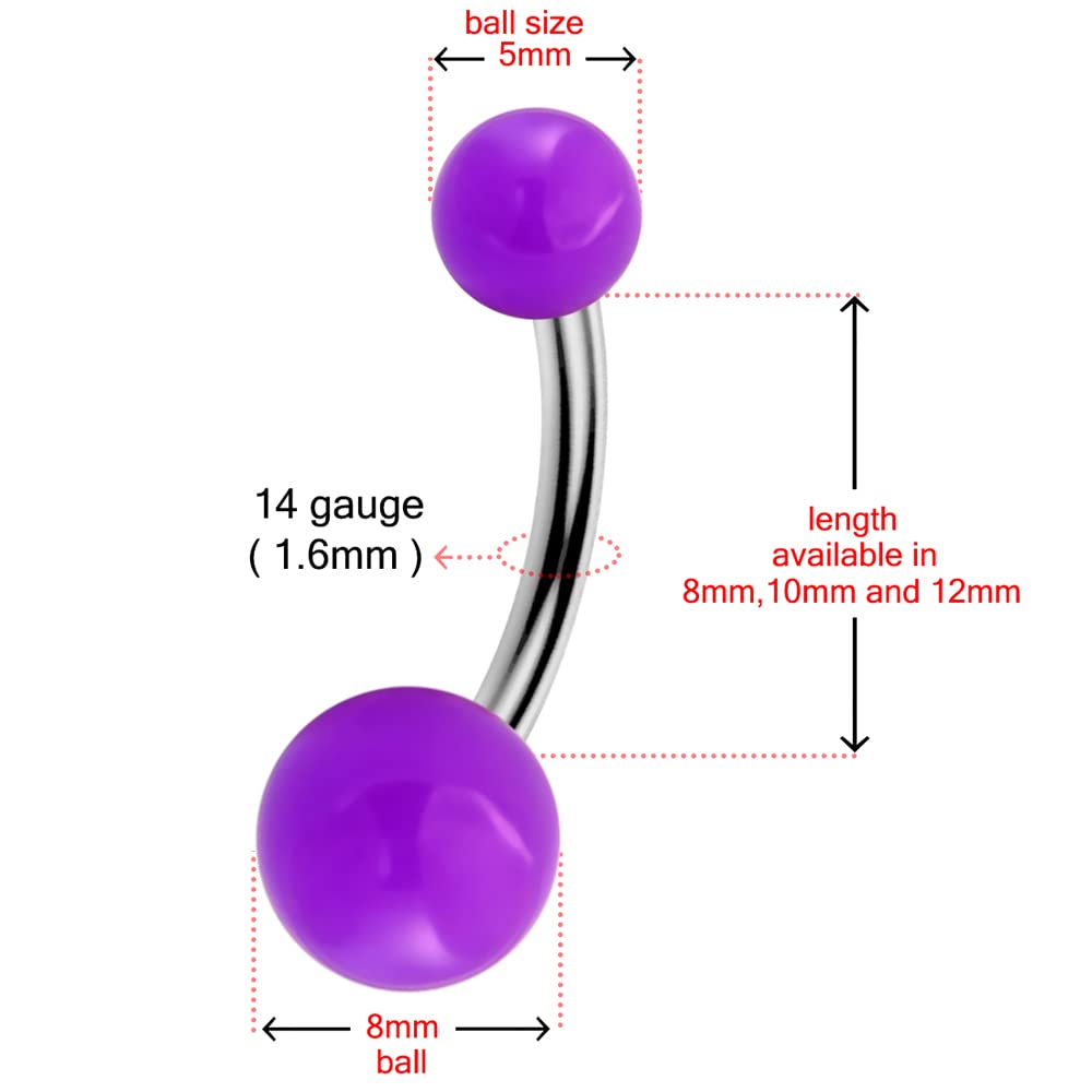 AtoZ Piercing 10 Pieces Pack of UV Solid Colored Ball with 14 Gauge - 10MM Length 316L Surgical Steel Banana Belly Button Rings
