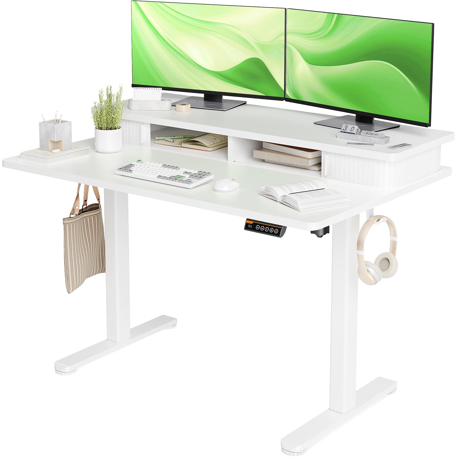 Claiks Standing Desk with Roller Shutter Door, Electric Standing Desk Adjustable Height, Adjustable Standing Desk with Storage Shelves, 48 Inch White