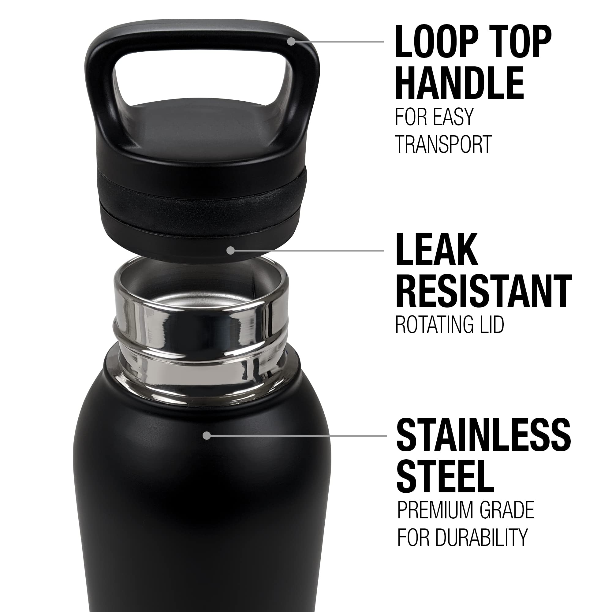 Black Adam OFFICIAL Character Bolt Black 24 oz Insulated Canteen Water Bottle, Leak Resistant, Vacuum Insulated Stainless Steel with Loop Cap