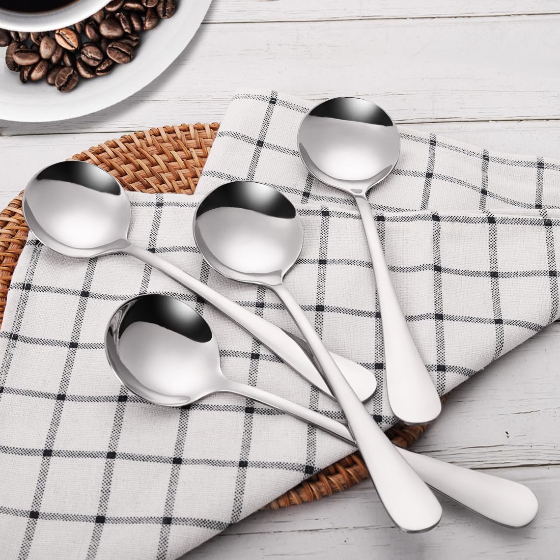Foamia Soup Spoons, 12-Pack Stainless Steel Spoons Silverware Round Cereal Spoon Dinner Spoons Tablespoons Set for Bouillon Dessert Ice Cream Kitchen Cooking Flatware