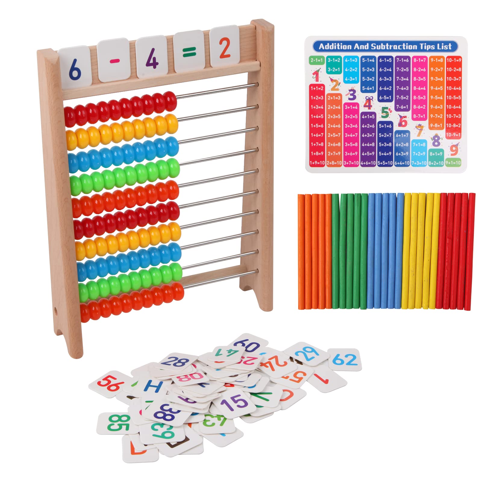 Tomlive Preschool Learning Toy, Wooden Abacus for Kids Math, 10-Row Wooden Frame with Multi-Color Beads, Counting Sticks, 1-100 Number Alphabet Cards, Montessori Toys for Toddler 3 4 5 6 Year Old Gift