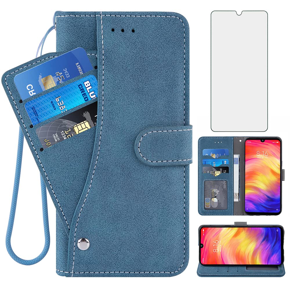 Asuwish Compatible with Xiaomi Redmi Note 7/7Pro Wallet Case and Tempered Glass Screen Protector Flip Cover Credit Card Holder Stand Cell Accessories Phone Case for Redme Note7 Pro 7s Women Men Black