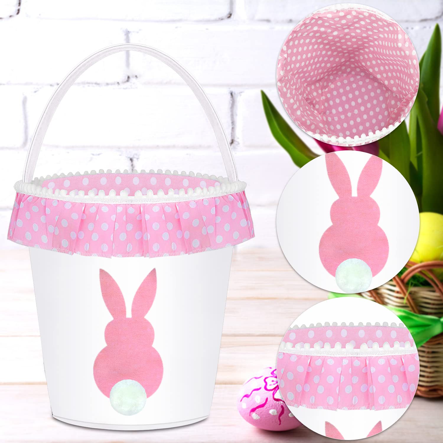 Doxrmuru Easter Basket for Kids Easter Bunny Basket Easter Gift Bags Eggs Hunt Cotton Bag Kids Easter Tote Bag Easter Decorations (Pink)