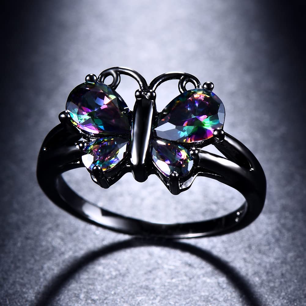 Black Gold Ring for Women Witch Ring Butterfly Ring with Rainbow Diamond Gothic Engagement Wedding Ring (6)