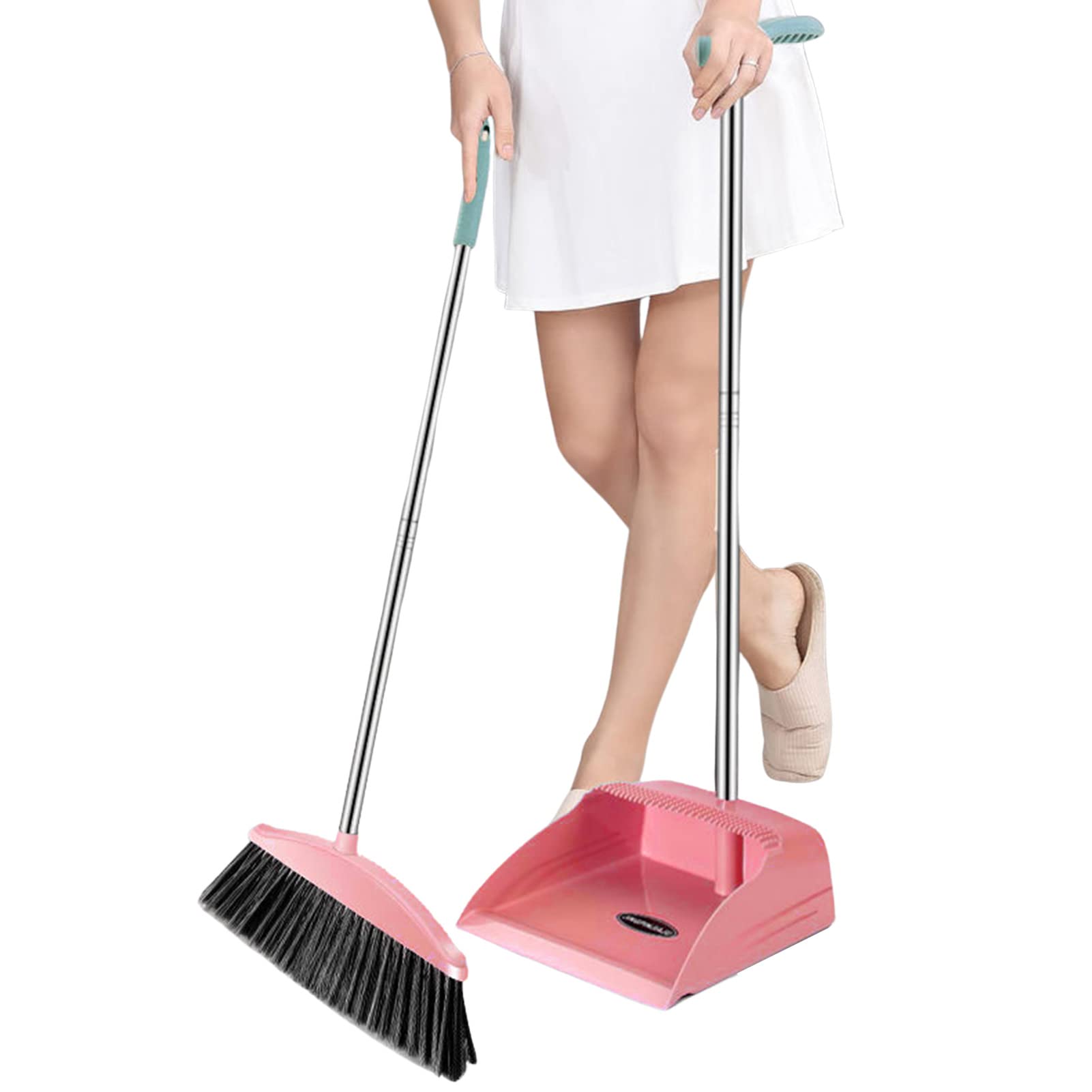 Broom and Dustpan Comb Set, Long Handle Sweeping Broom for Indoor, Broom & Dustpan Set for Home, Upright Standing Dust Pan with Comb Teeth, Store Sweep Set for Room Kitchen Lobby Offic Floor Cleaning