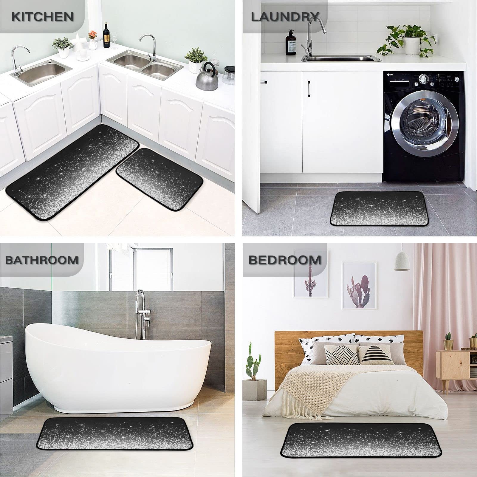 Black Bling Kitchen Rug Mats Shiny Glitter Floor Rugs Washable Non-Slip Carpet Area Comfortable Standing Mat for Bedroom Living Room Door Mat Decor