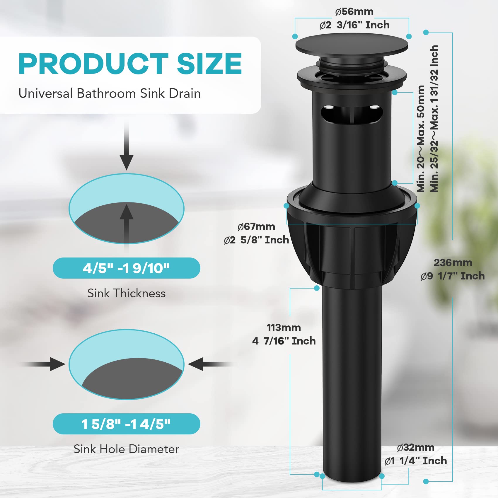 Bathroom Sink Drain with Overflow and Strainer, Bathroom Sink Stopper, Pop up Drain Stopper for Bathroom Sink, Black Sink Drain, Pop up Sink Drain Stopper (Black with Overflow)