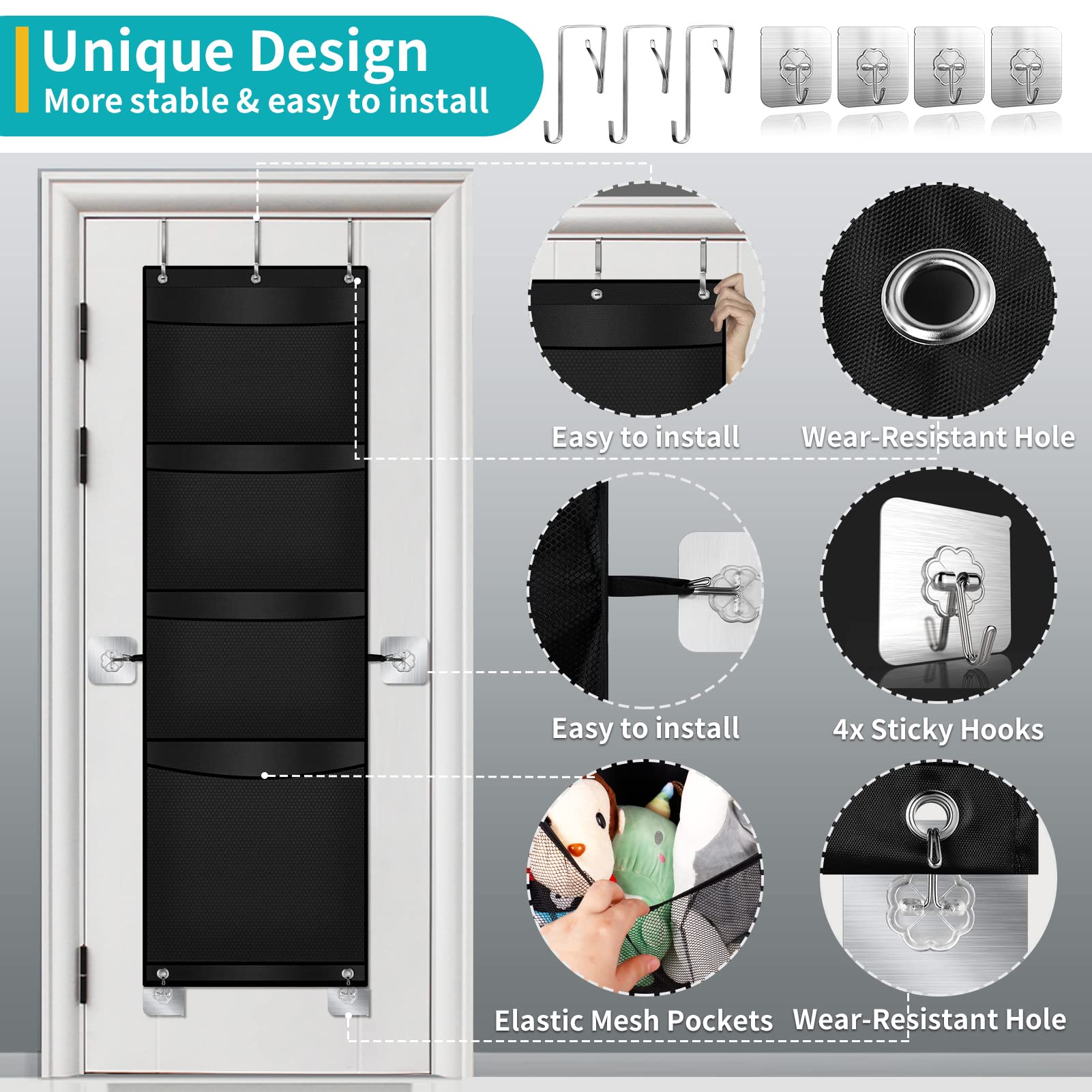 bmhlinyi Over Door Stuffed Animal Storage, Stuff Animals Organizer and Toy Plush Storage,With 4 Large Breathable Storage Pockets, Hanging Door Organizer for Nursery, Bedroom, Bathroom, Kids Room