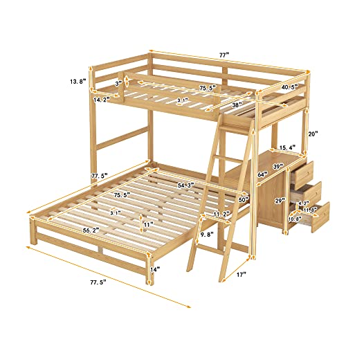 KoiHome Twin Over Full Bunk Bed with Built-in Desk and Three Drawers, Wood Bunk Bed with Full-Length Guardrail & Solid Slat Support for Kids,Teens Bedroom, No Box Spring Needed, Natural