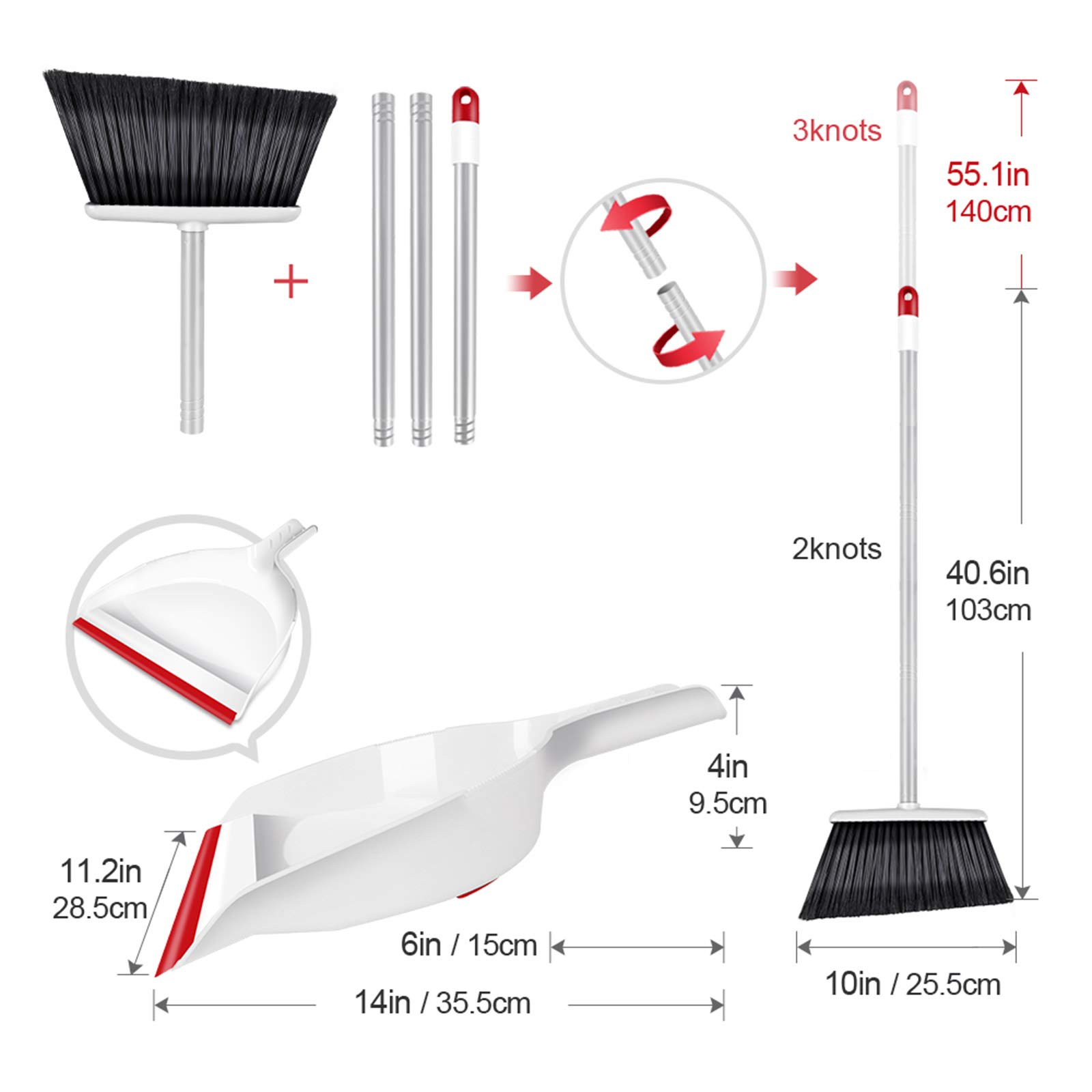 Broom and Dustpan Set - Angle Broom with Handy Clip-on Dustpan, Light Broom with 51” Long Extendable Handle for Desk,Floor,Garage and Kitchen Red White