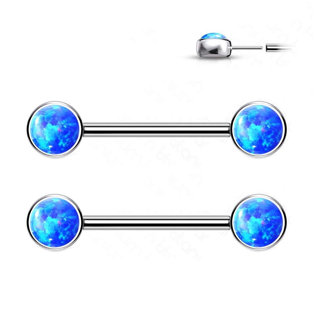 BODY DAZZ Pair of 14G Threadless Push-in Bezel Synthetic Opal End G23 Titanium Nipple Ring Barbells (Blue, 12)
