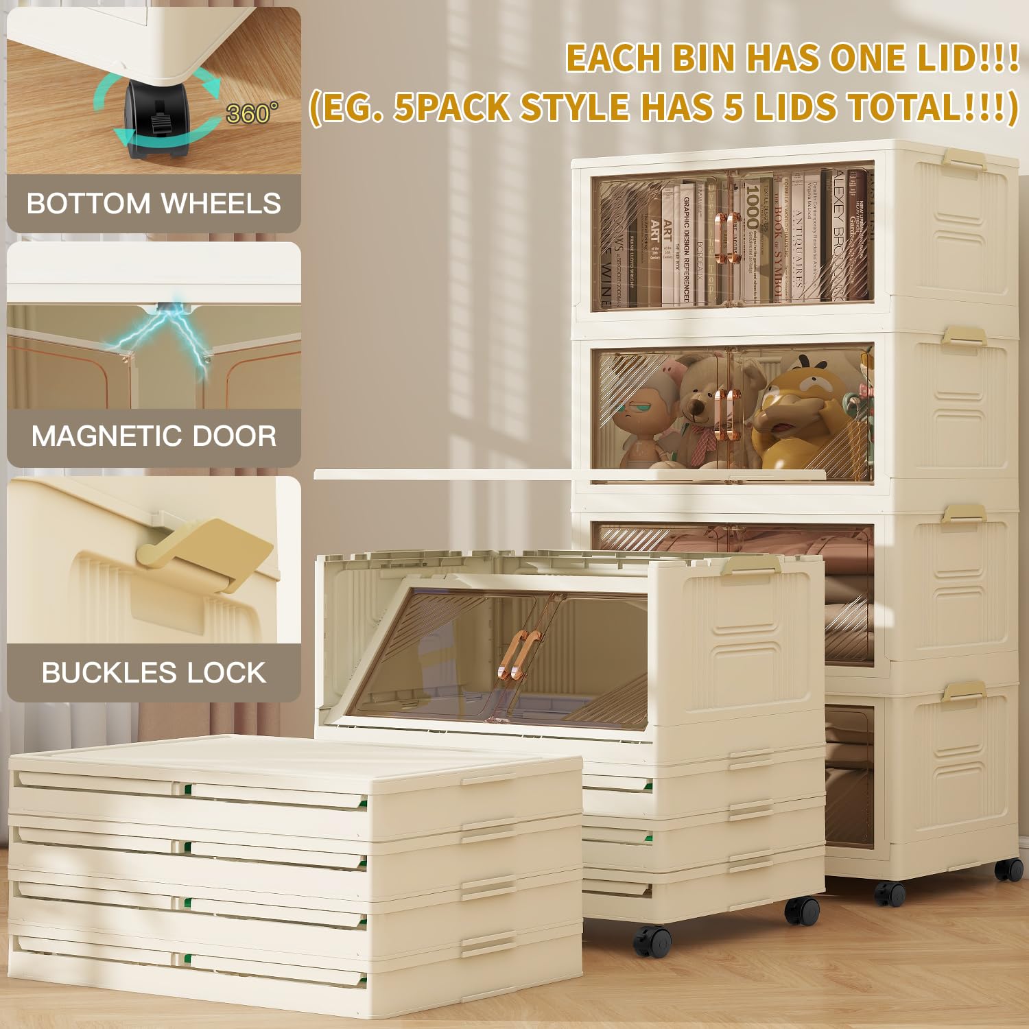 Dimmeda Collapsible Storage Bins with Wheels,3Tier 18QT Closet Organizer and Storage,Clear Shoes Storage Sneaker Storage Shoes Box, Plastic Shoes Boxes and Home Storage