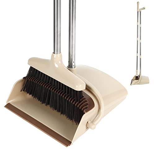 BoxedHome Household Broom and Dustpan Set Long Handle Broom Cleaning for Office Home Kitchen Floor Use, Upright Standing Broom and Dustpan Set for Home (Khaki)