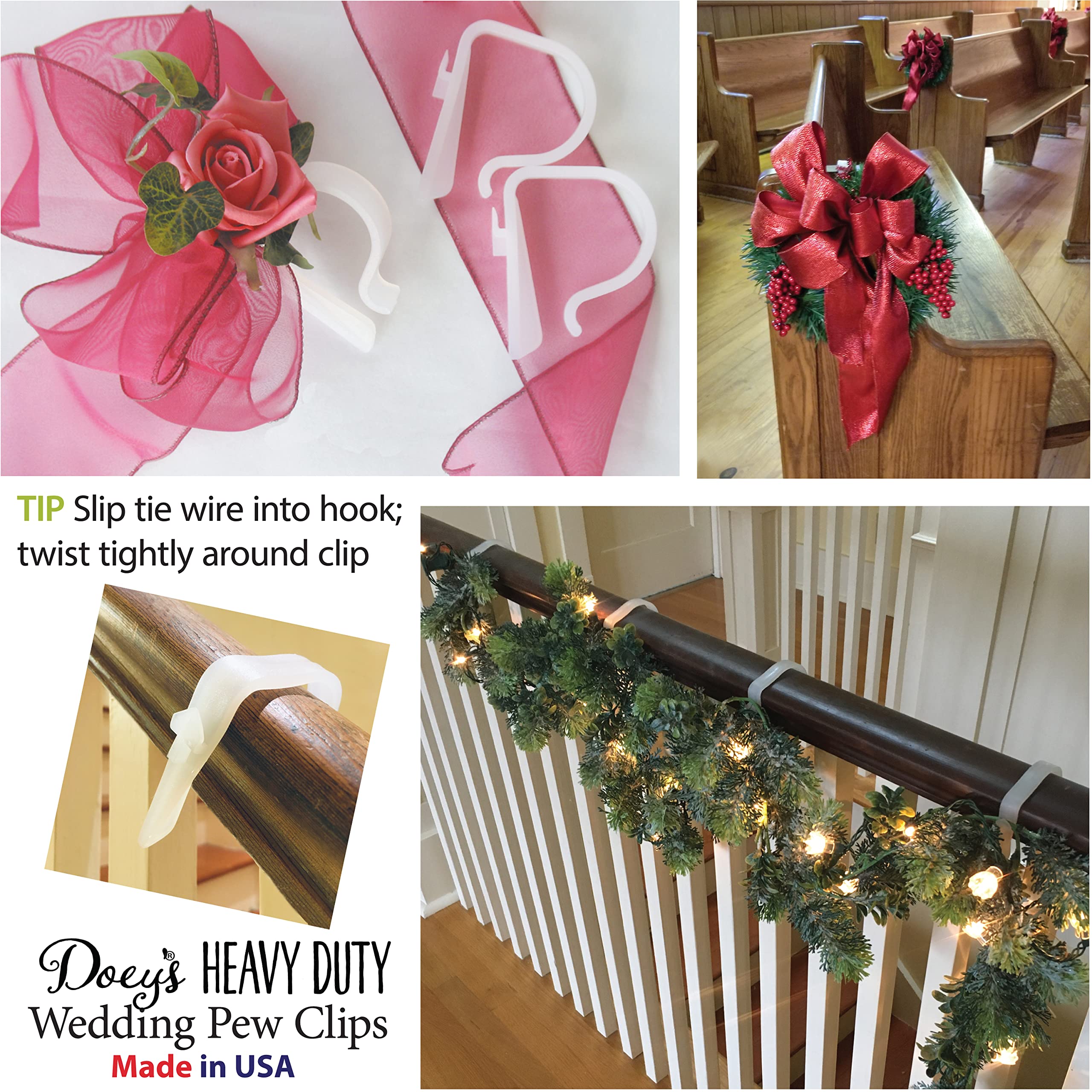 Doey's Heavy Duty Pew Clips for Weddings (12-Pack) Dependable Flexible Hook for Church Ceremony Aisle Decorations - Secure Bows, Flowers, Signs, Garland to Pew Ends, Bench Seats, Chairs (Made in USA)