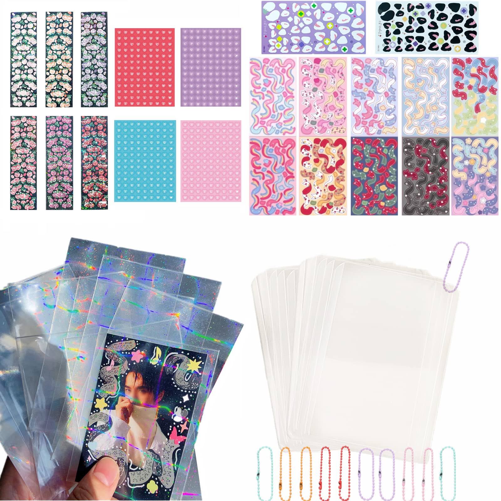 toovro 52 PCS Photo Card Holders for Kpop DIY Suit Penny Sleeves 10 Card Protectors Hard Plastic Holographic Sleeves with Chains 22 Korean Stickers Ribbon Heart Letter Charm Rose Devil Horn Stickers