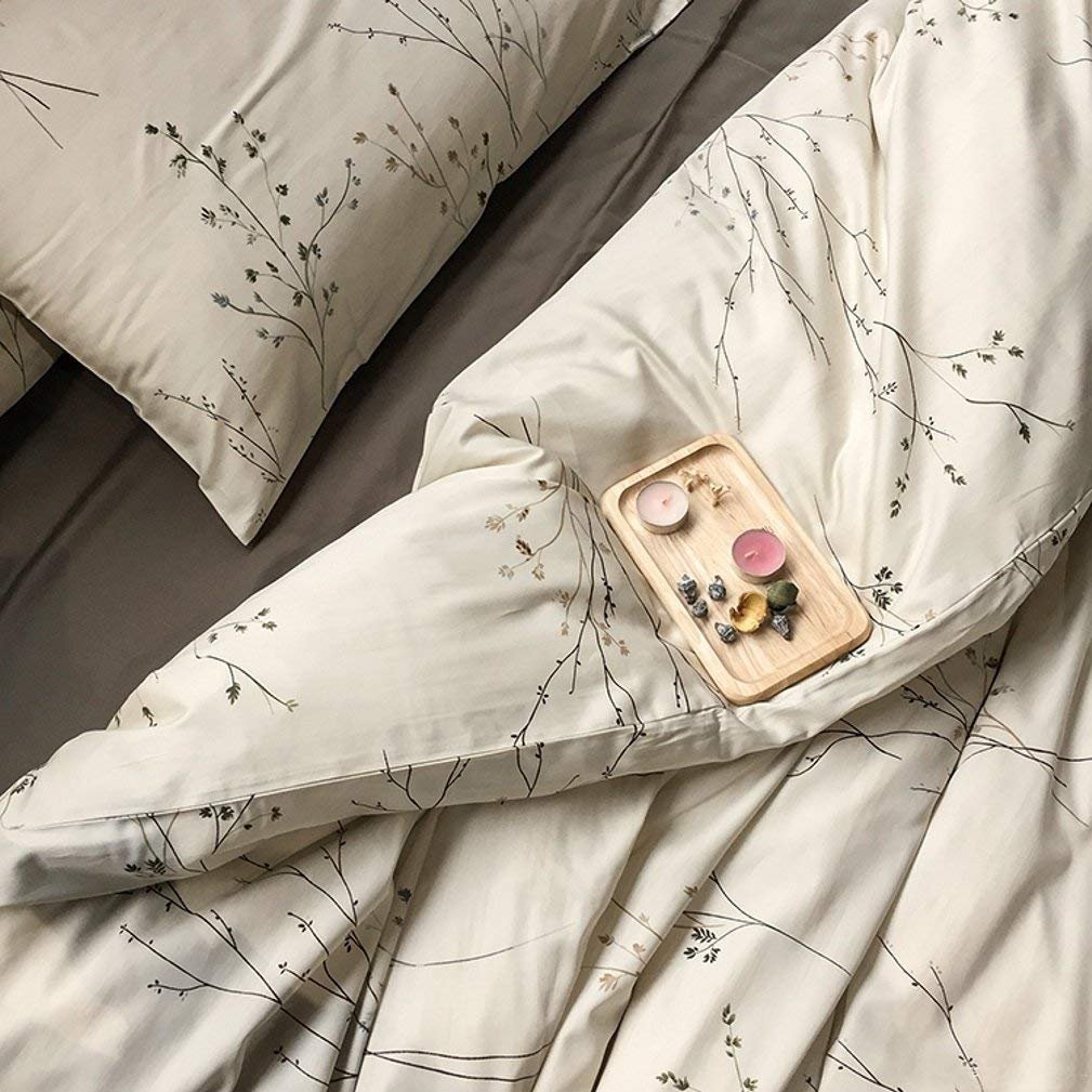 Eikei Modern Vintage Retro Mod Print Bedding Egyptian Cotton Duvet Cover Set Minimalist Chic Botanical Design Asian Zen Style Reversible Pattern in Full Queen or King Size (King, Neutral Tan)