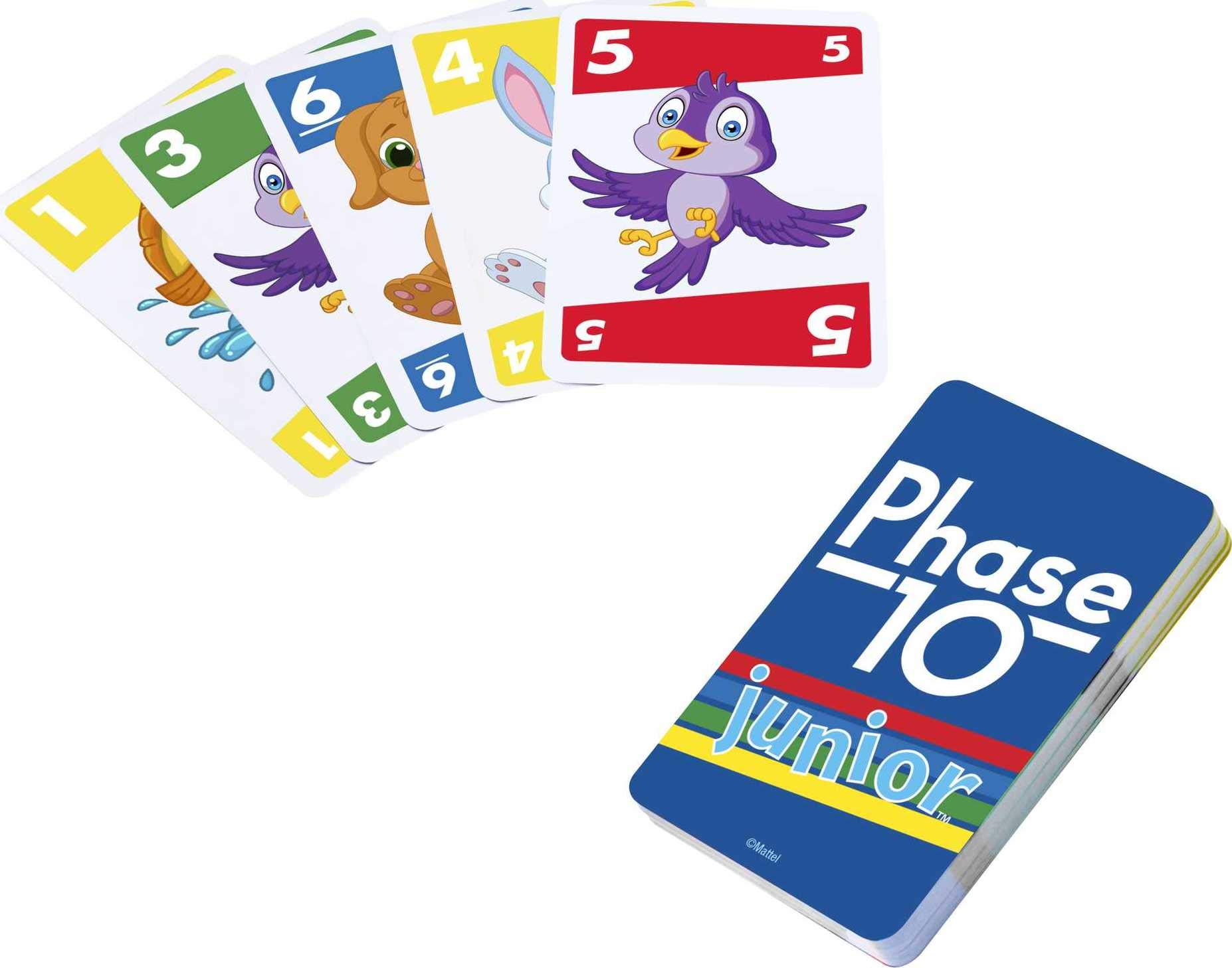 Phase 10 Junior Card Game, Multi-Level Rummy-Style Matching Colors, Animals & Shapes with 56 Cards for 2 to 4 Players, Kids Gift for Ages 4 Years & Older