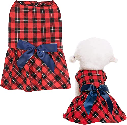 Elegant Bowtie Plaid Dog Dress Cute Checked Puppy Skirt Pet Outfit Clothes for Small Medium Cats Dogs(Red S)