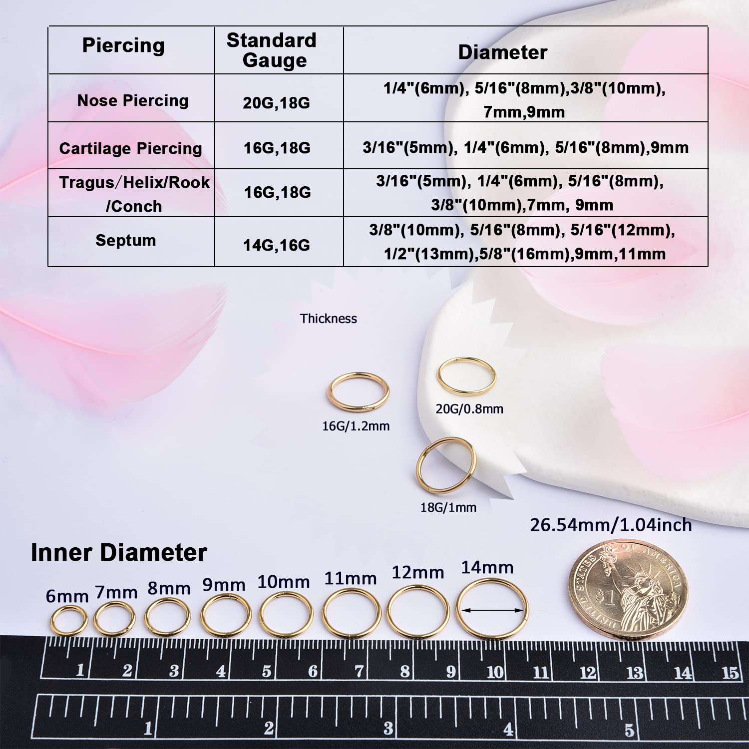 Lantine Gold Hinged 20g Cartilage Earring Hoop Nose Rings 6mm 8mm 10mm Set Clicker Triple Double Forward Helix Hoops Earrings(3Pcs a Set)